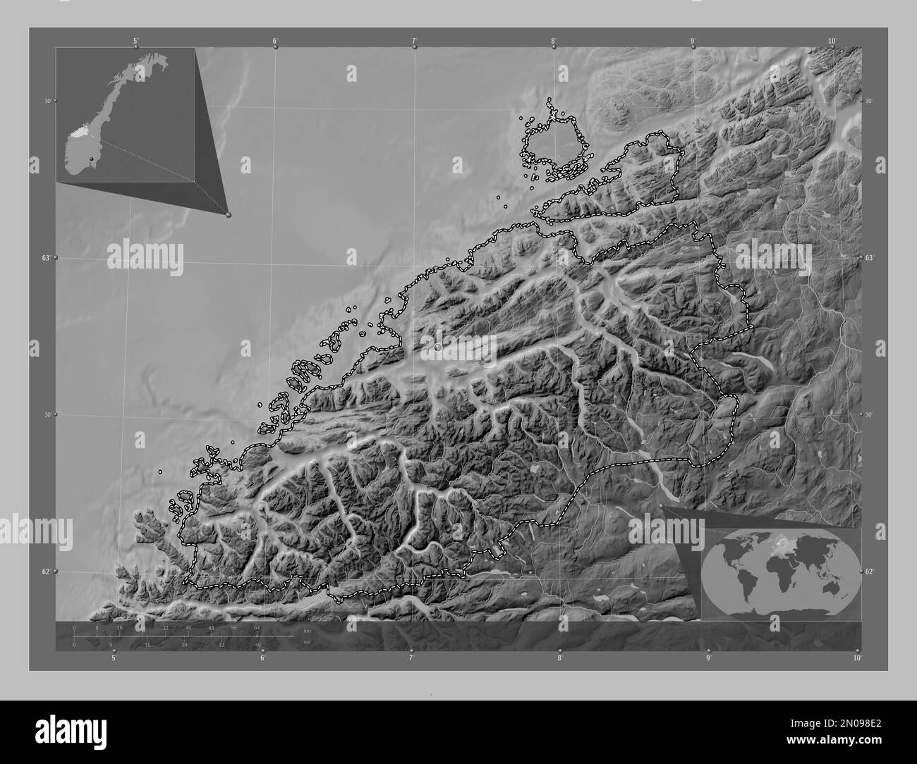 Mre og Romsdal, county of Norway. Grayscale elevation map with lakes ...
