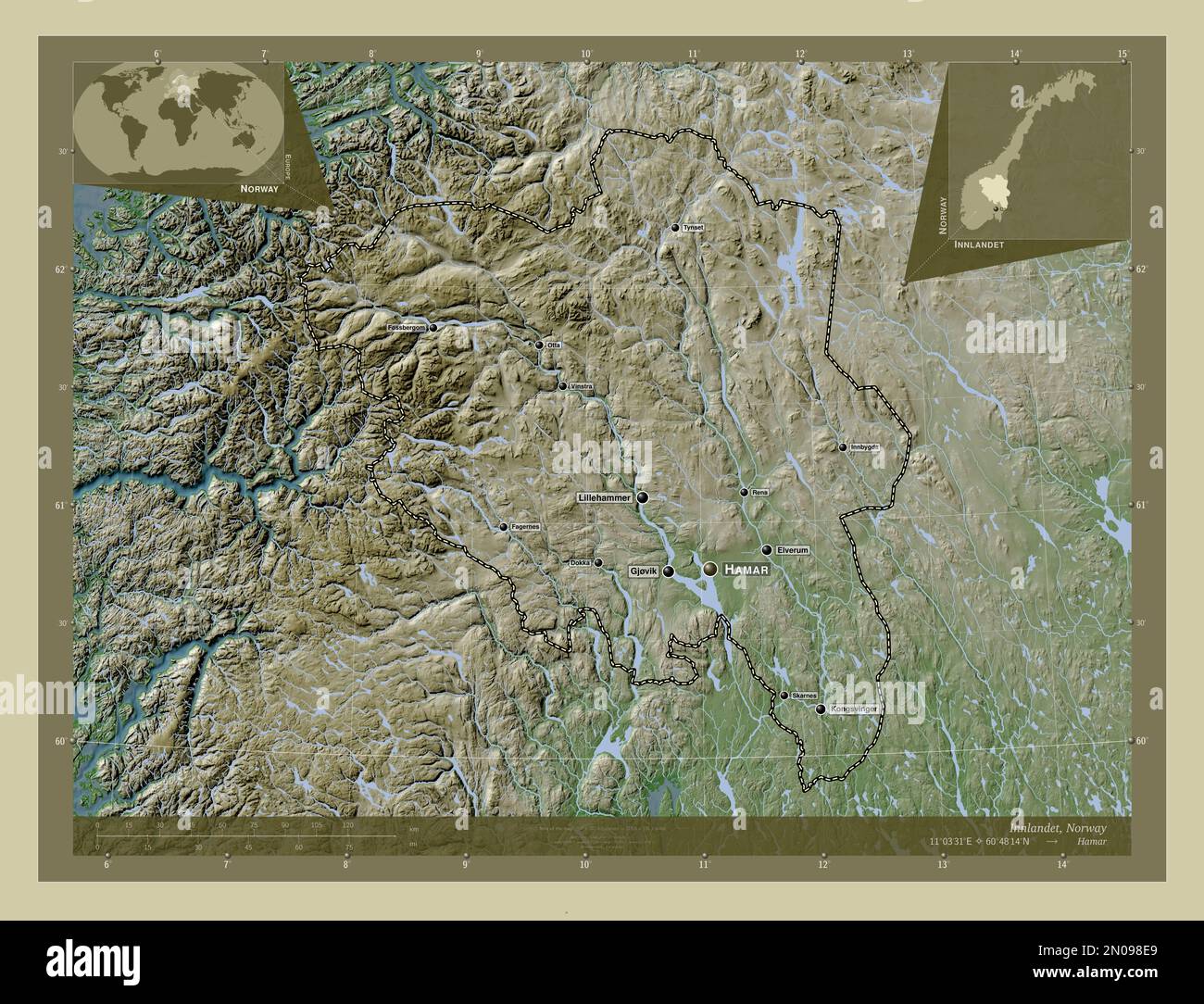 Innlandet, county of Norway. Elevation map colored in wiki style with ...