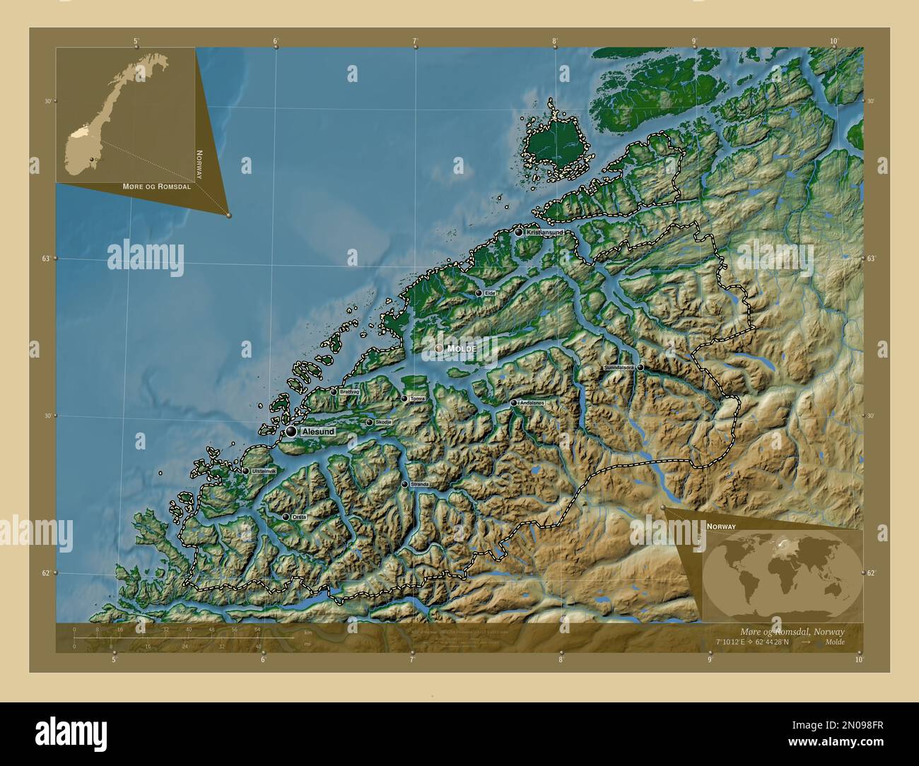 Mre og Romsdal, county of Norway. Colored elevation map with lakes and ...