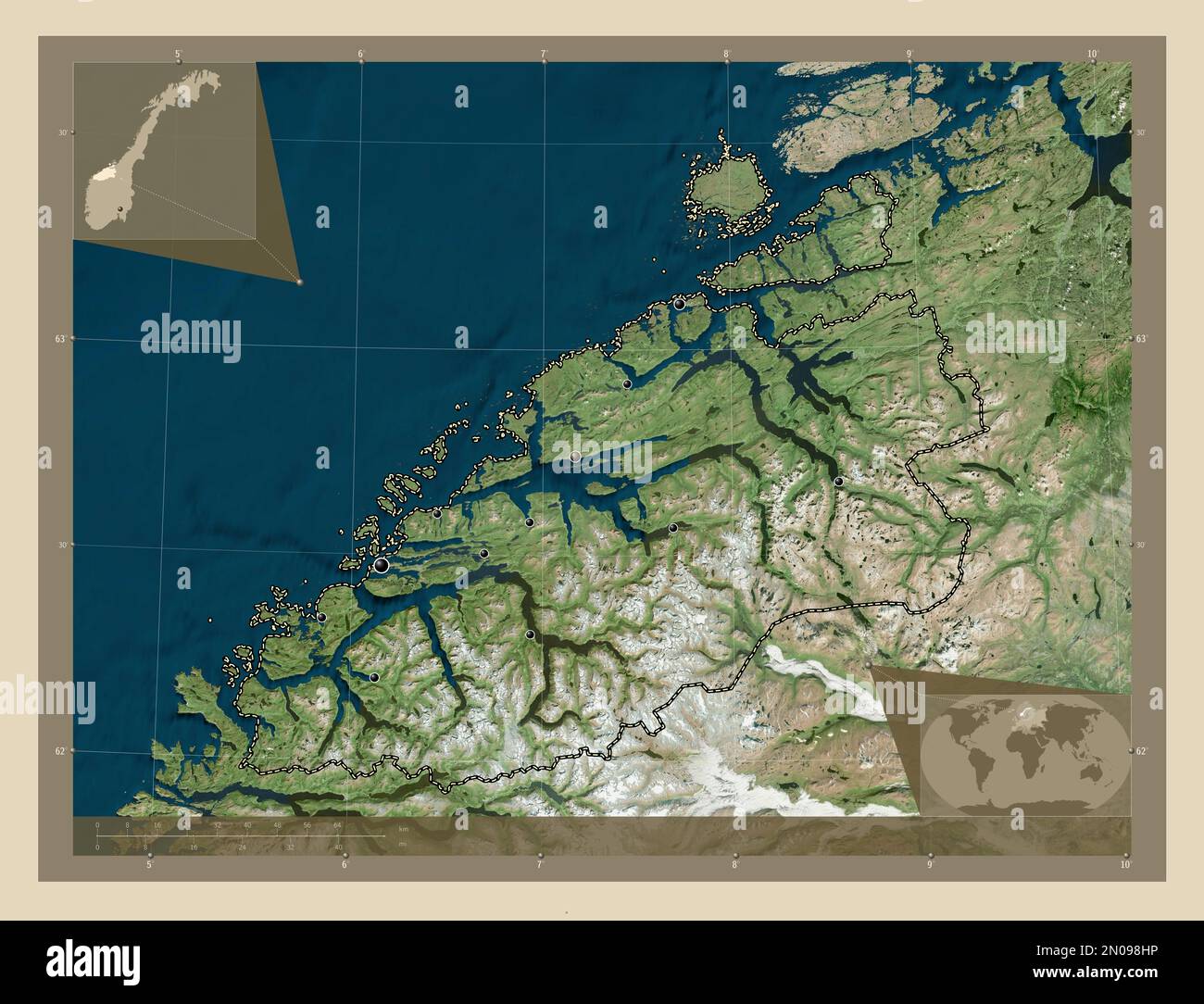 Mre og Romsdal, county of Norway. High resolution satellite map. Locations of major cities of ...