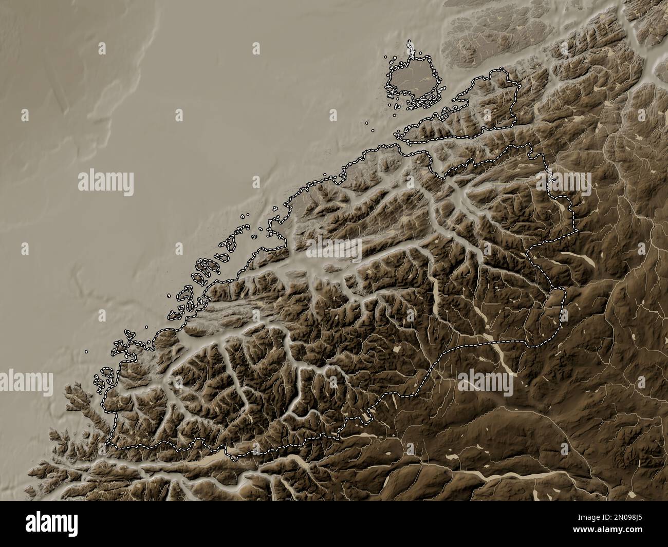 Mre og Romsdal, county of Norway. Elevation map colored in sepia tones with lakes and rivers ...