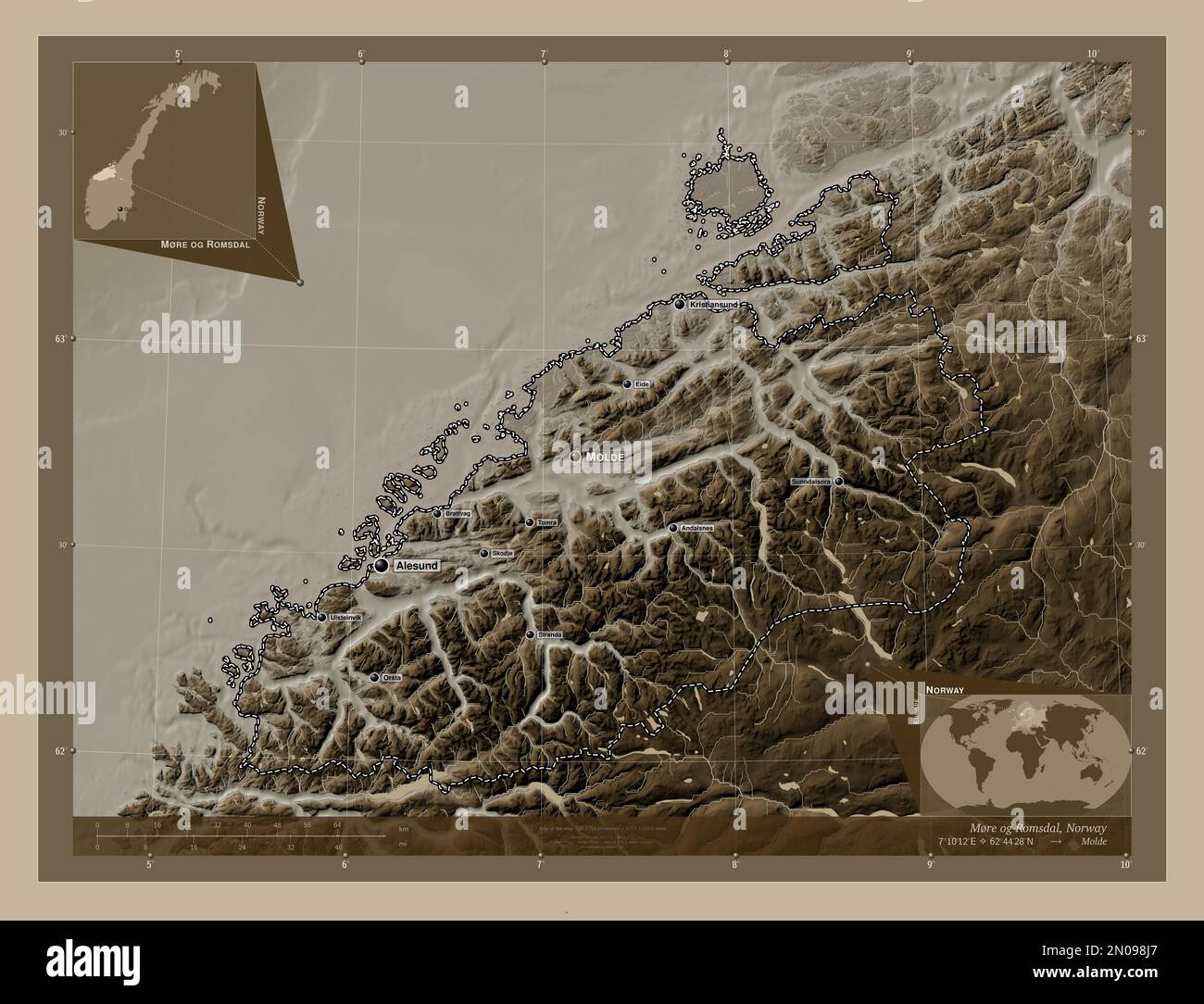 Mre og Romsdal, county of Norway. Elevation map colored in sepia tones ...