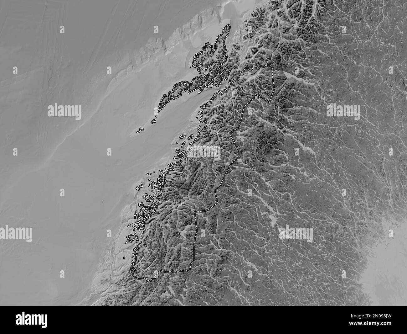 Nordland, county of Norway. Grayscale elevation map with lakes and ...