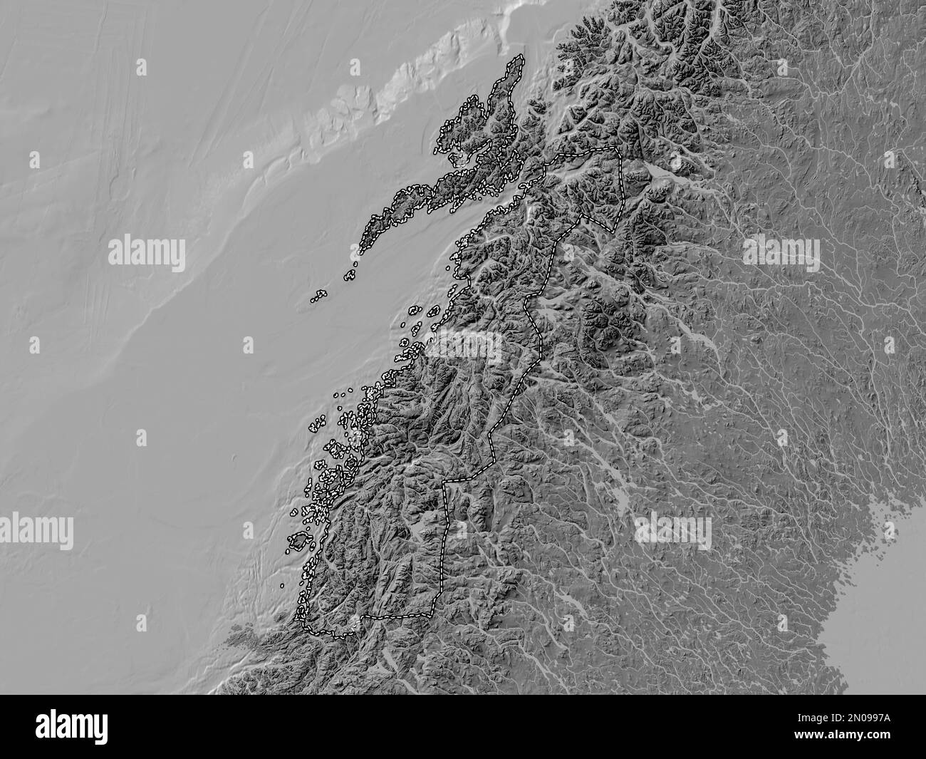 Nordland, county of Norway. Bilevel elevation map with lakes and rivers ...