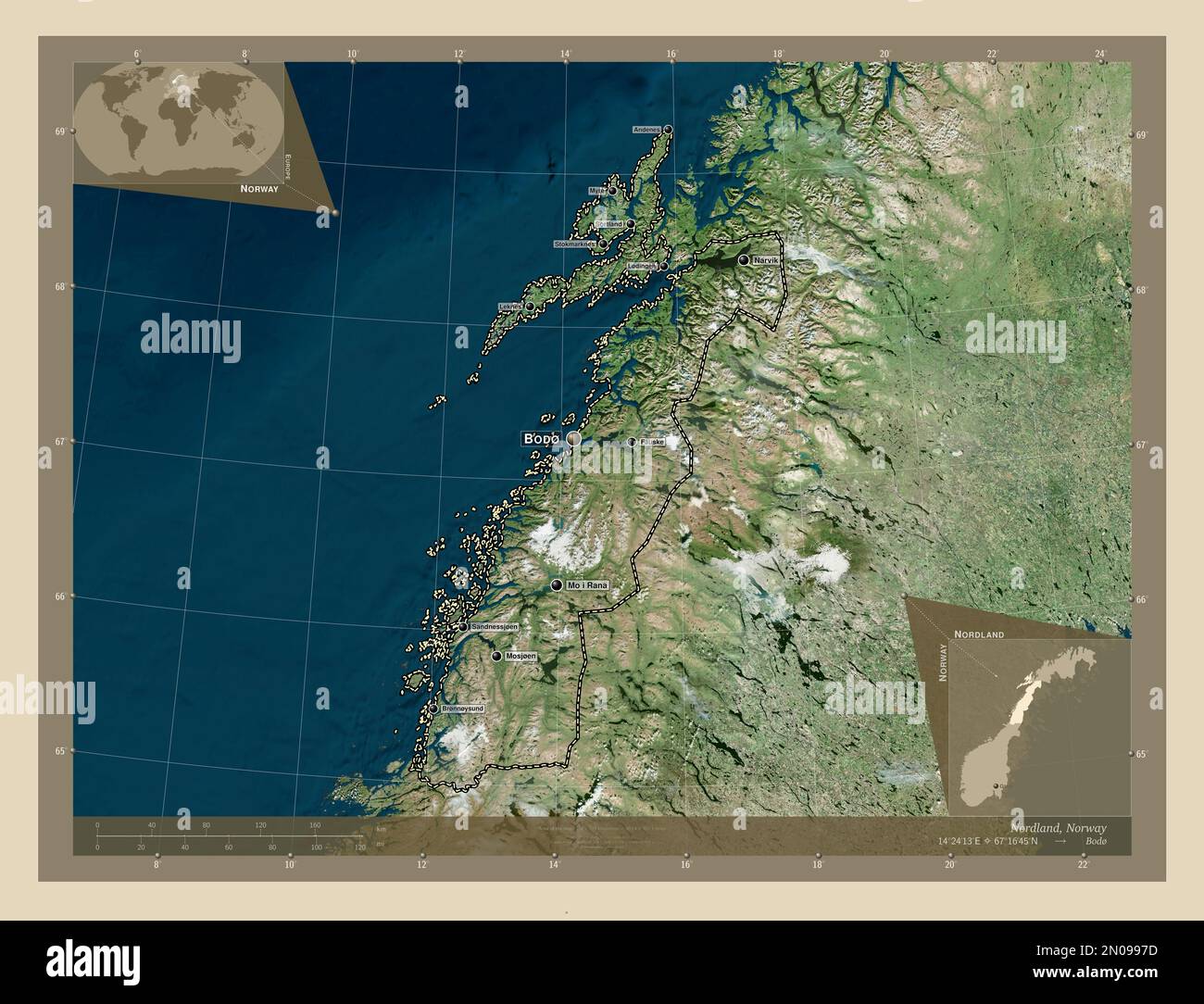 Nordland, county of Norway. High resolution satellite map. Locations ...