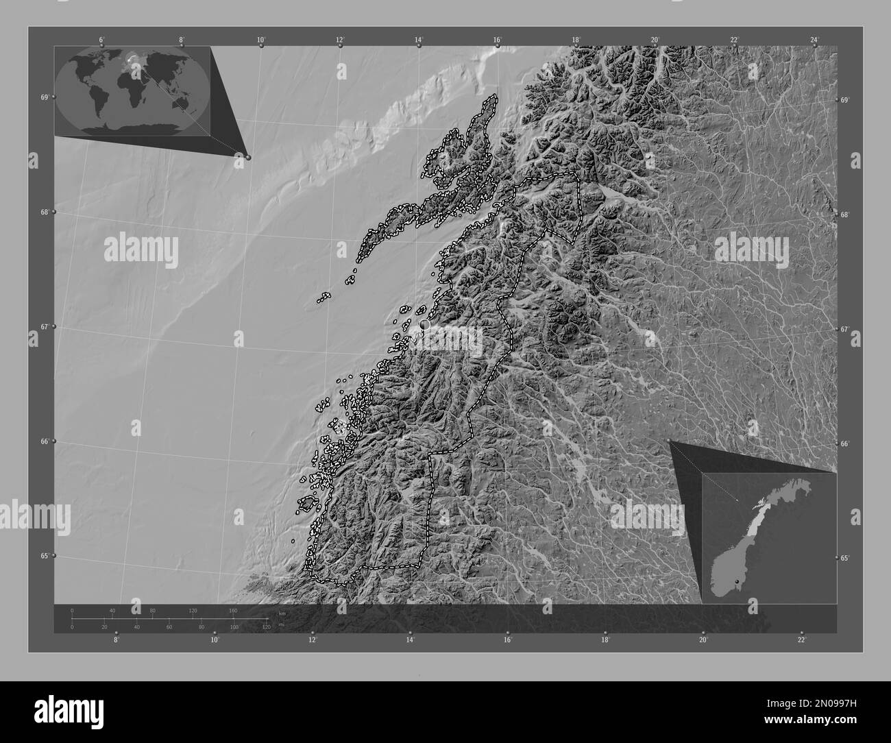 Nordland, county of Norway. Bilevel elevation map with lakes and rivers ...