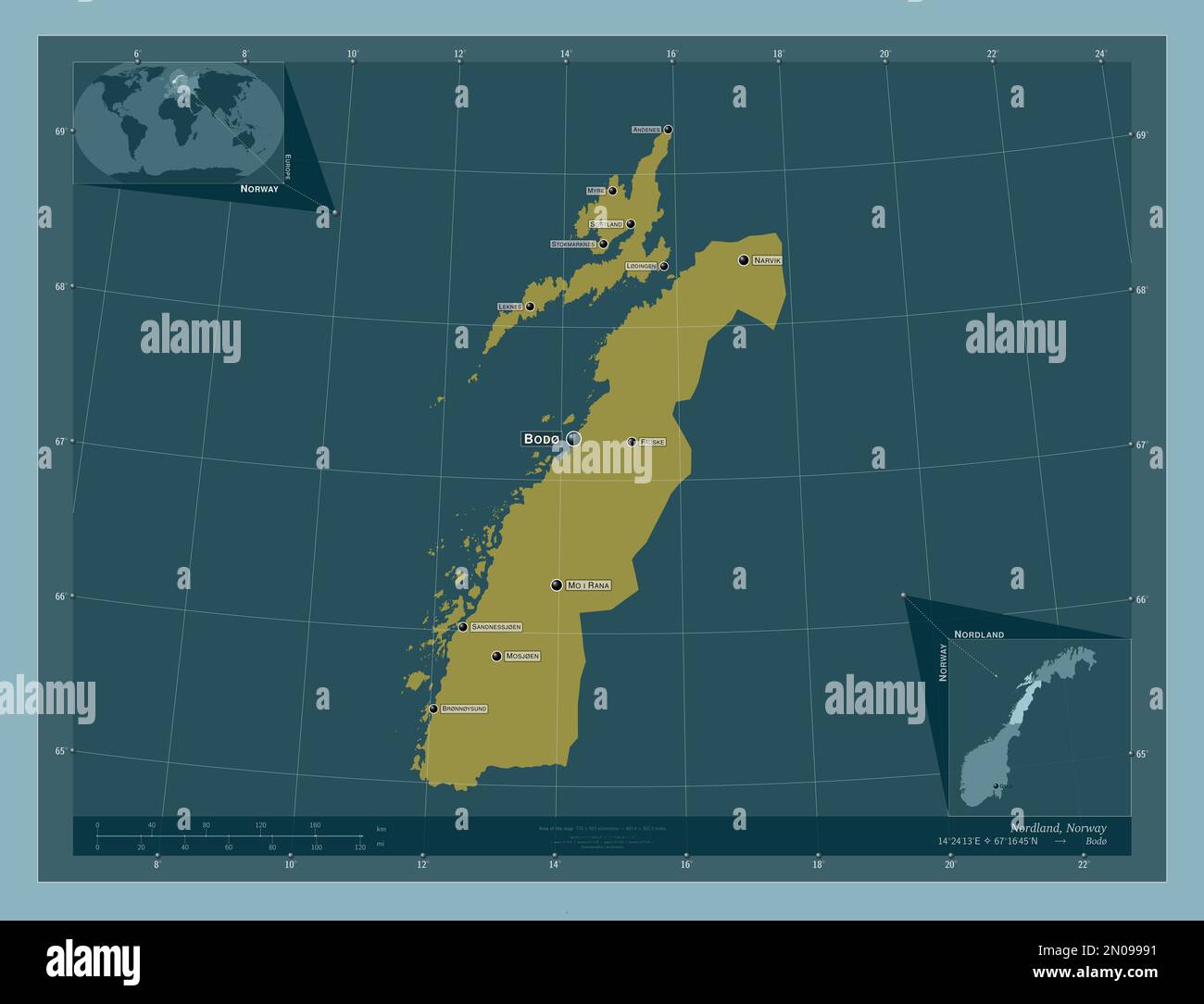 Nordland, county of Norway. Solid color shape. Locations and names of ...