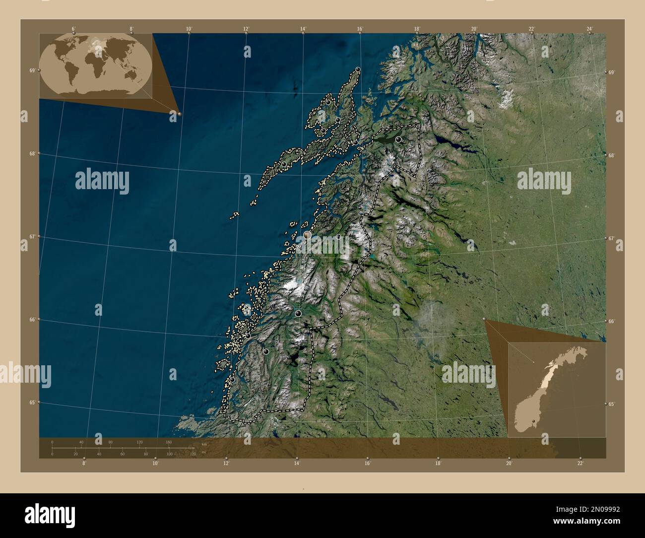 Nordland, county of Norway. Low resolution satellite map. Locations of ...