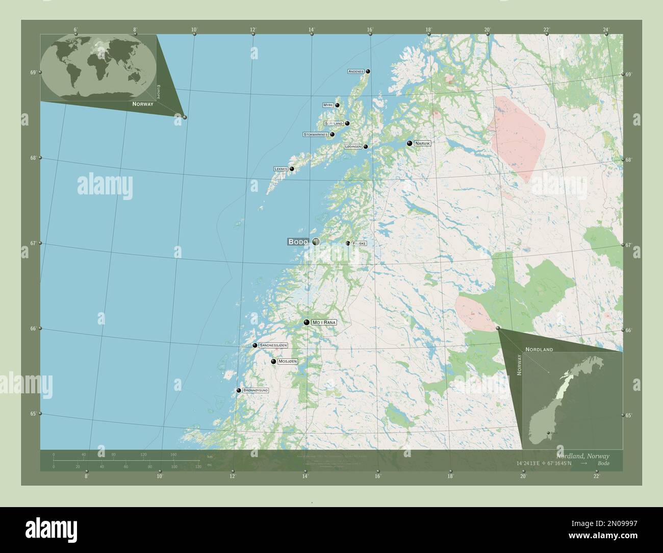 Nordland, county of Norway. Open Street Map. Locations and names of ...