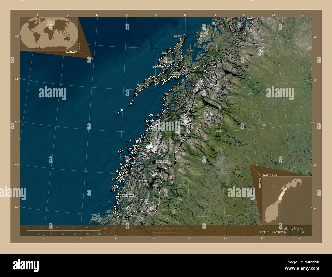 Nordland, county of Norway. Low resolution satellite map. Locations and ...