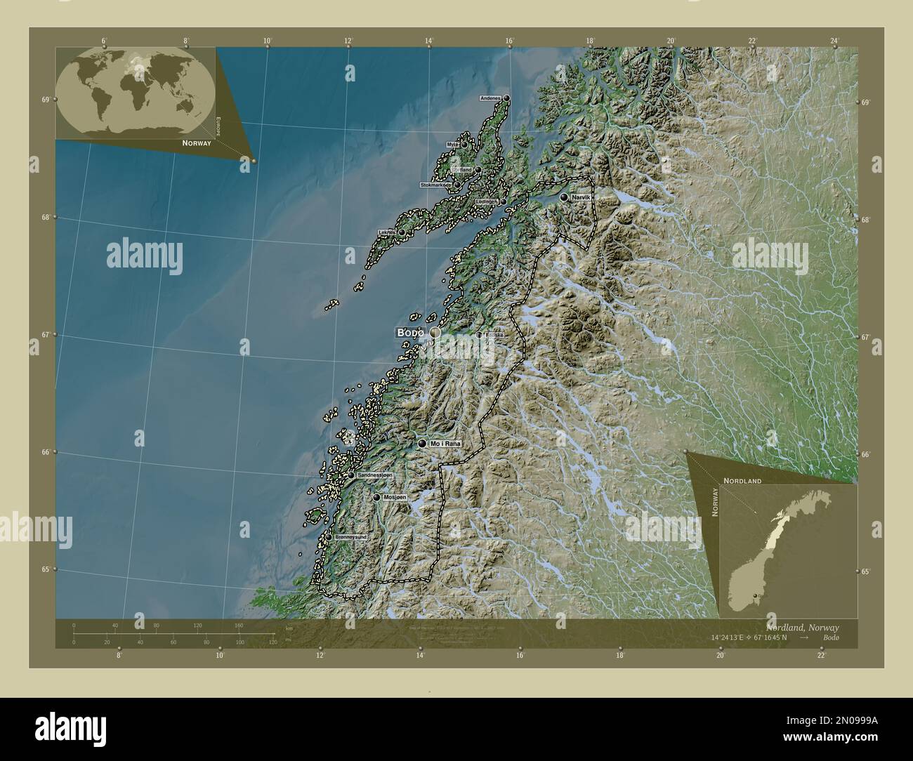 Nordland, county of Norway. Elevation map colored in wiki style with lakes and rivers. Locations ...