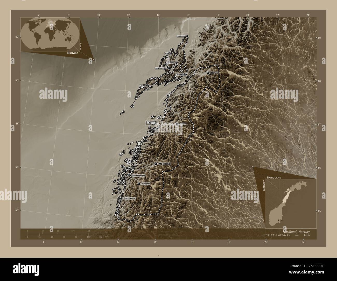 Nordland, county of Norway. Elevation map colored in sepia tones with ...