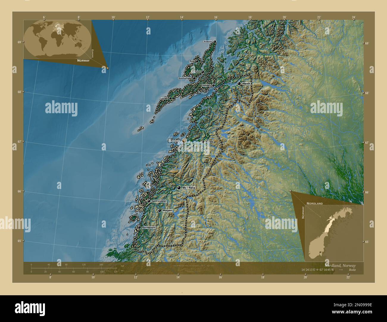 Nordland, county of Norway. Colored elevation map with lakes and rivers ...