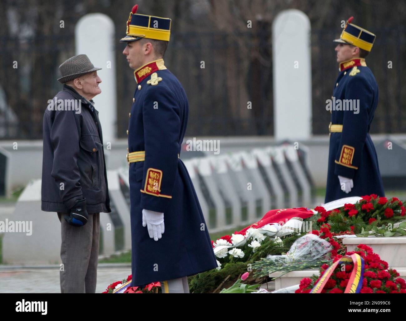 A war veteran stands at attention at the WWII Soviet Heroes cemetery in ...