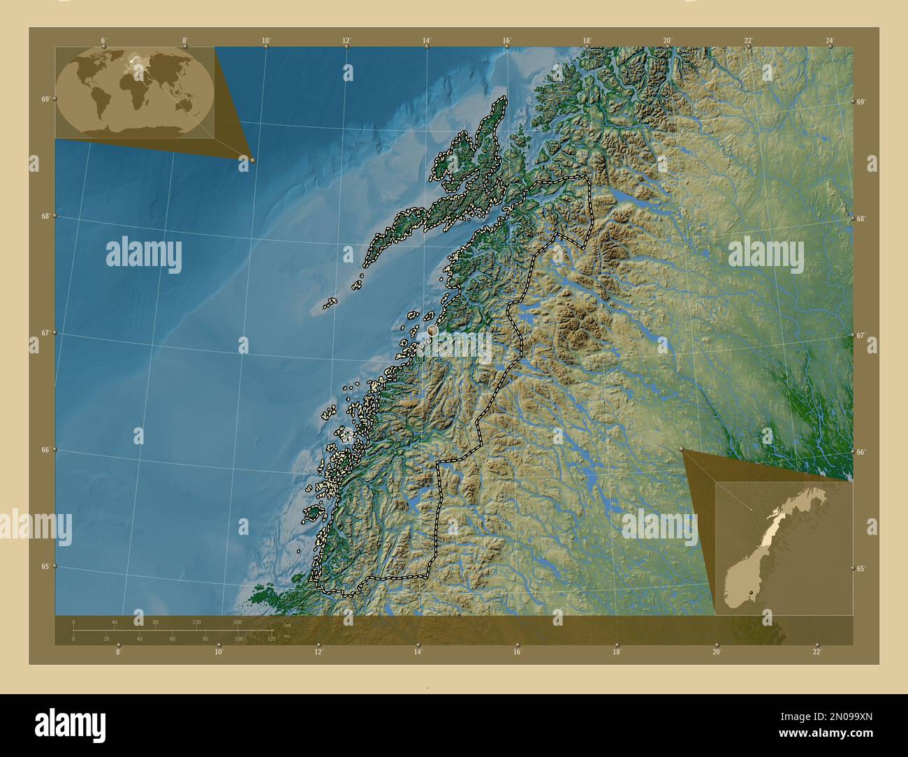 Nordland, county of Norway. Colored elevation map with lakes and rivers ...
