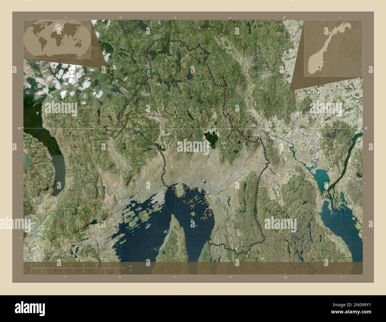 Oslo, county of Norway. High resolution satellite map. Locations of ...