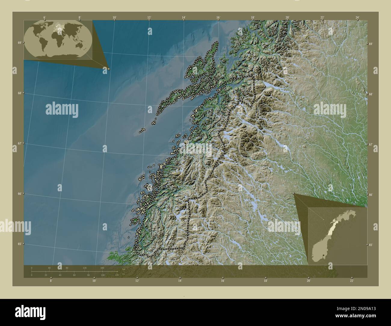 Nordland, county of Norway. Elevation map colored in wiki style with ...