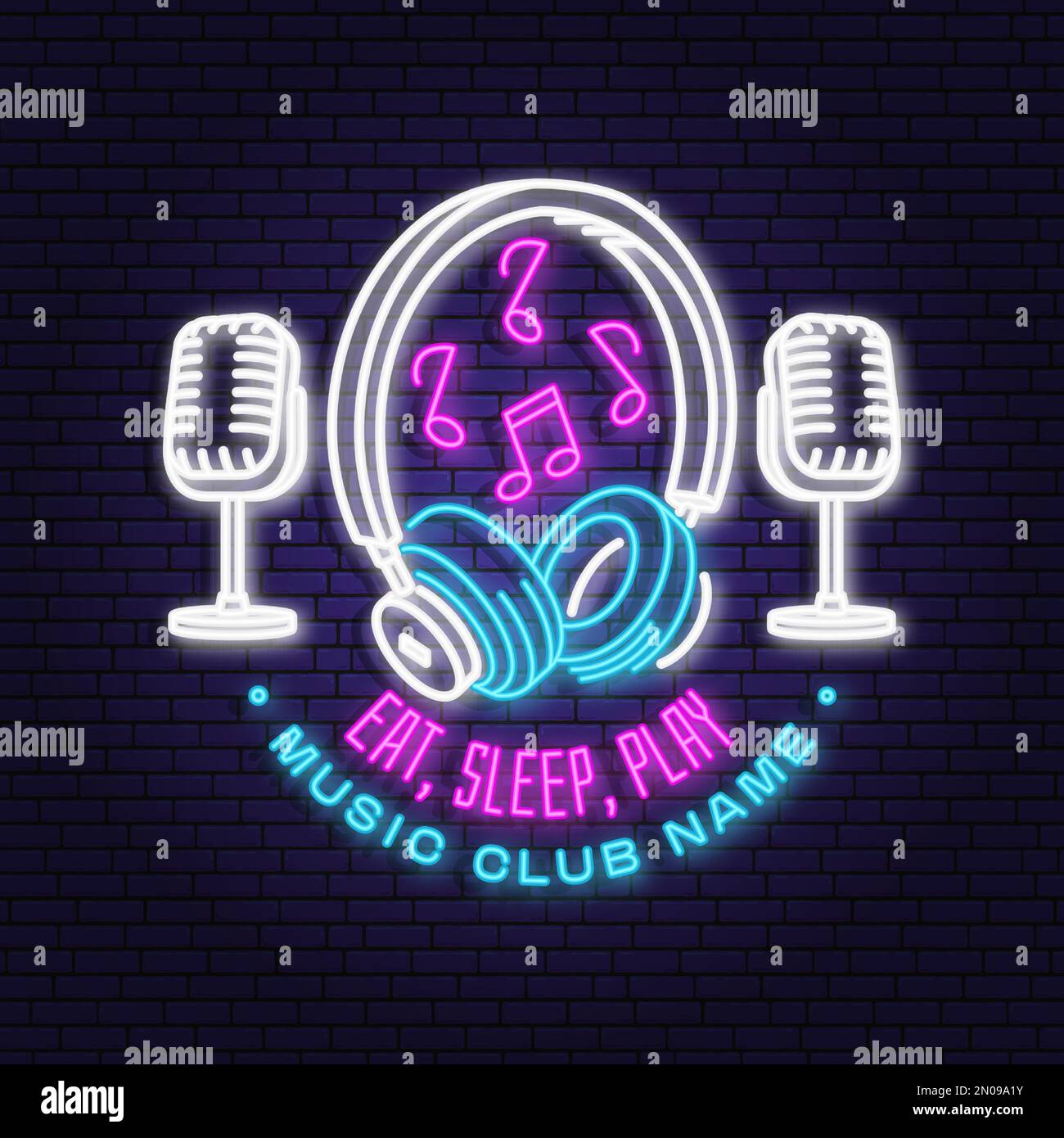 Music club neon poster, banner. Neon sign, emblem, bright signboard ...
