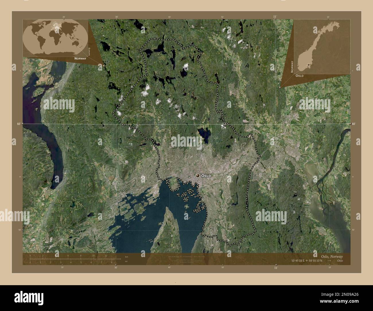 Oslo, county of Norway. Low resolution satellite map. Locations and ...