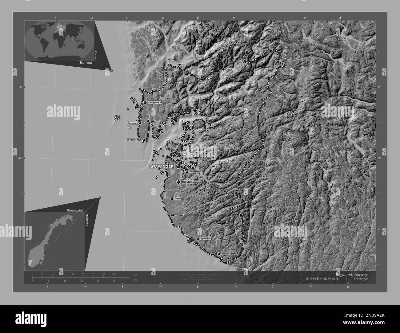 Rogaland, county of Norway. Bilevel elevation map with lakes and rivers ...