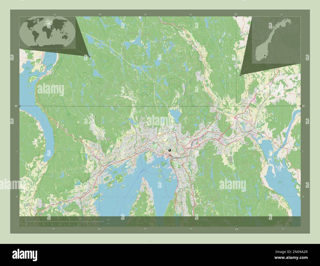 Oslo, county of Norway. Open Street Map. Locations of major cities of ...