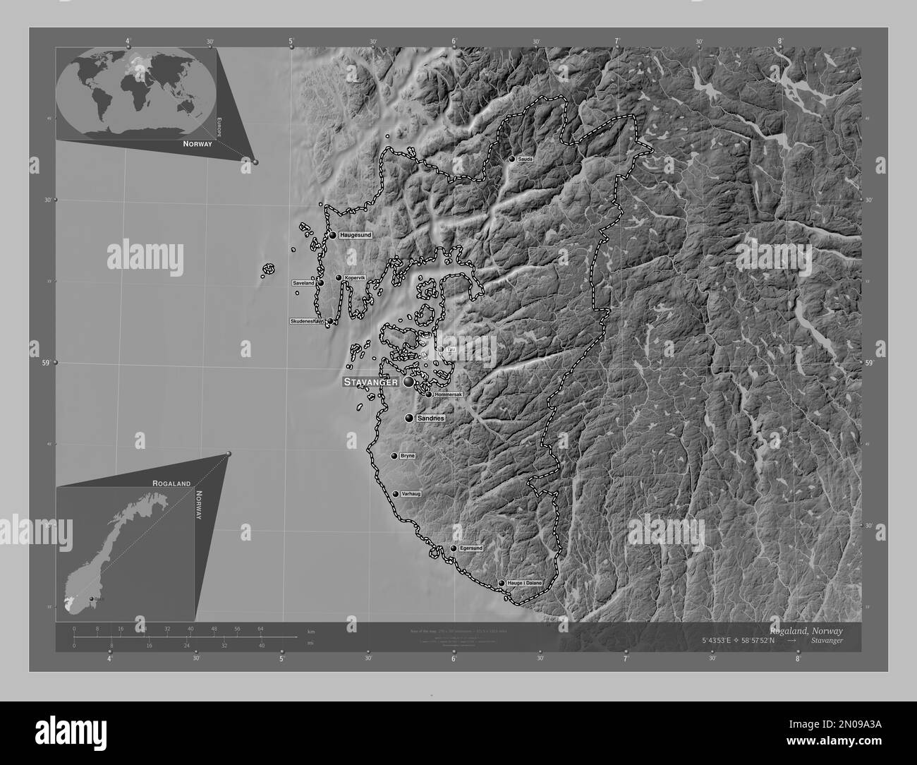 Rogaland, county of Norway. Grayscale elevation map with lakes and ...