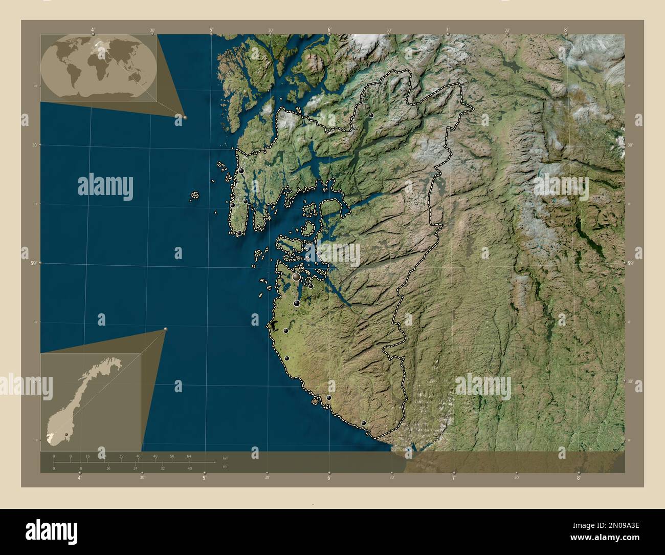 Rogaland, county of Norway. High resolution satellite map. Locations of major cities of the ...