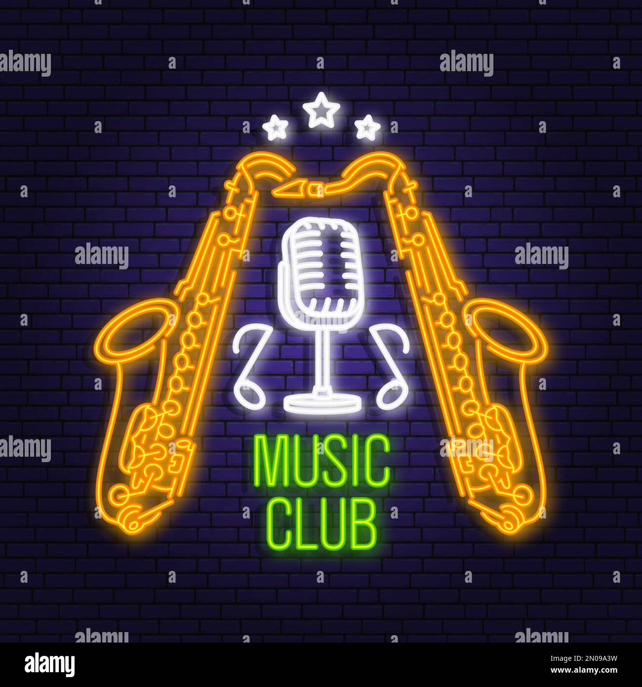 Music club neon poster, banner. Neon sign, emblem, bright signboard ...