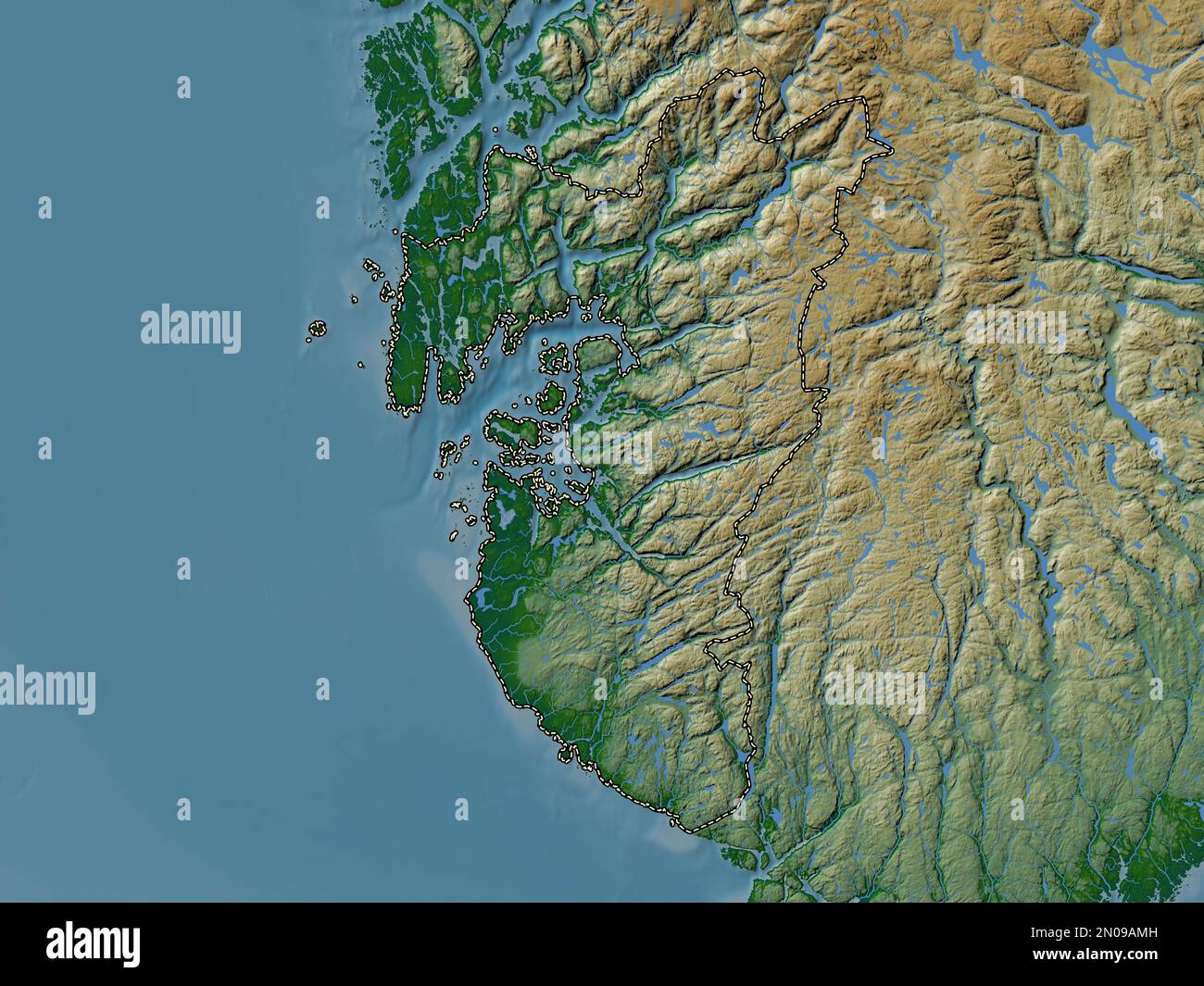 Rogaland, county of Norway. Colored elevation map with lakes and rivers ...