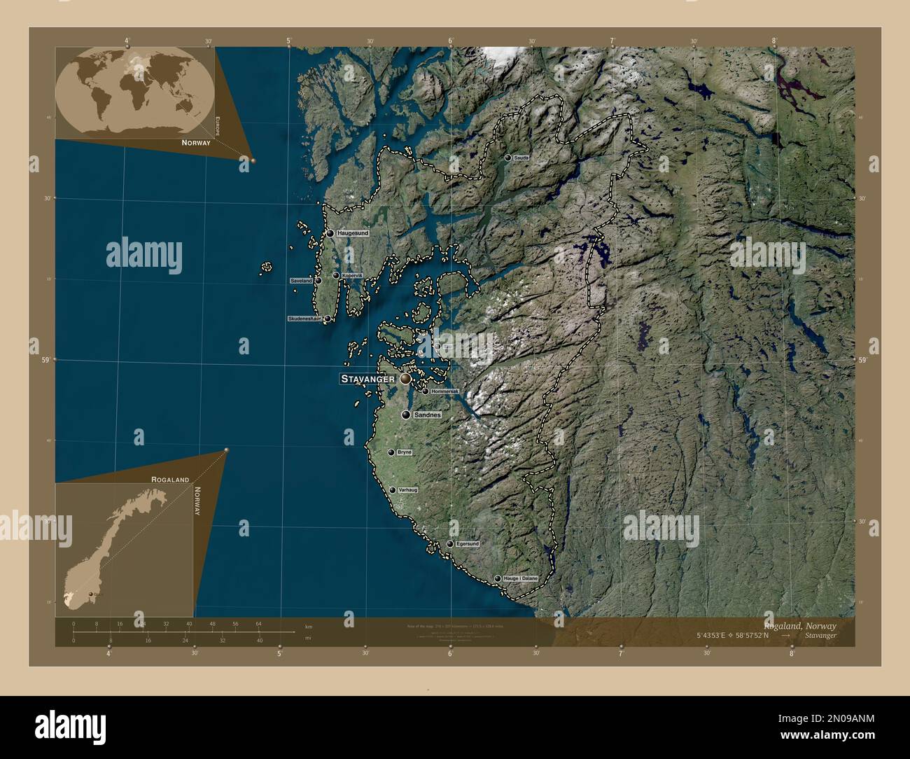 Rogaland, county of Norway. Low resolution satellite map. Locations and ...