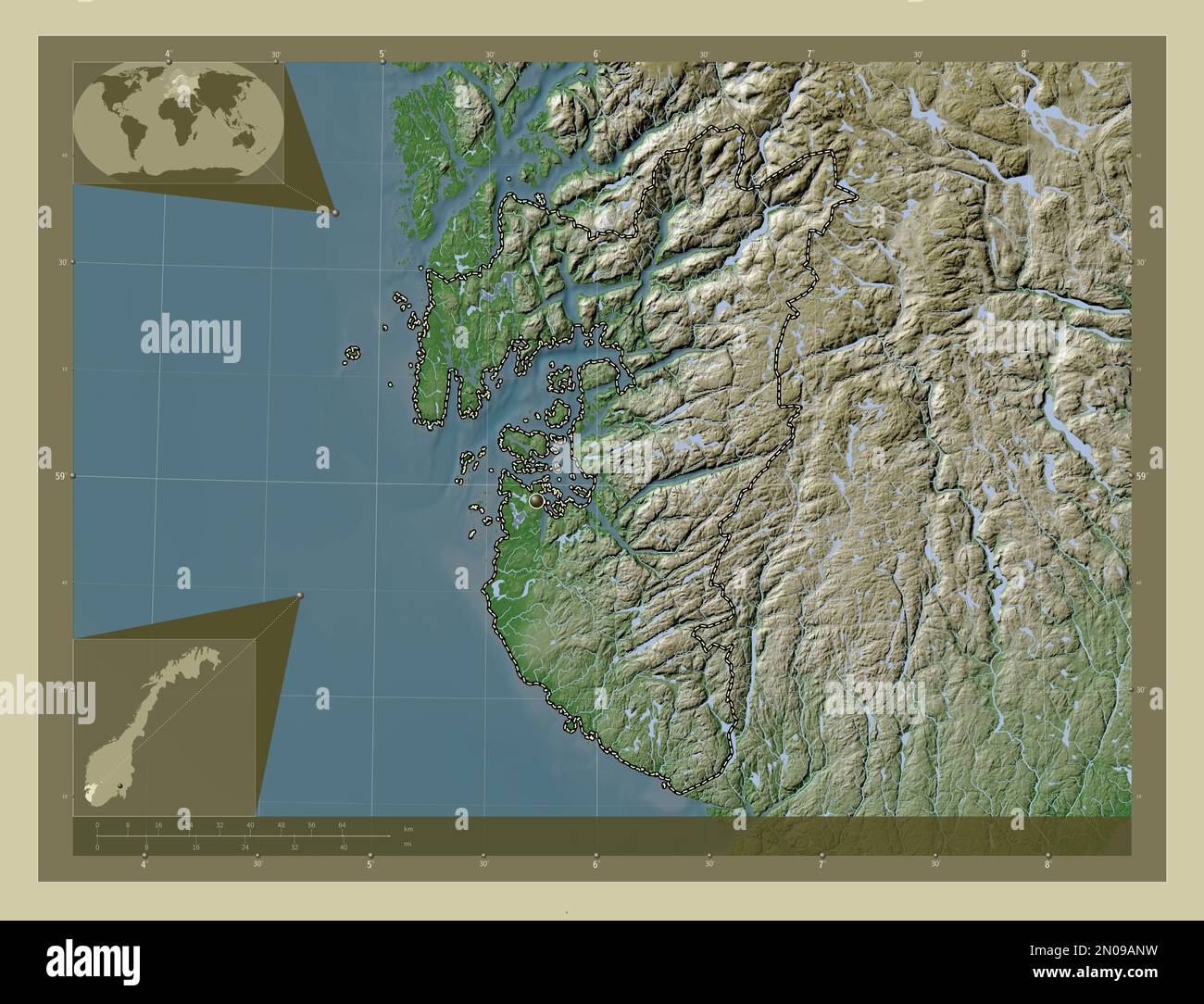 Rogaland, county of Norway. Elevation map colored in wiki style with lakes and rivers. Corner ...
