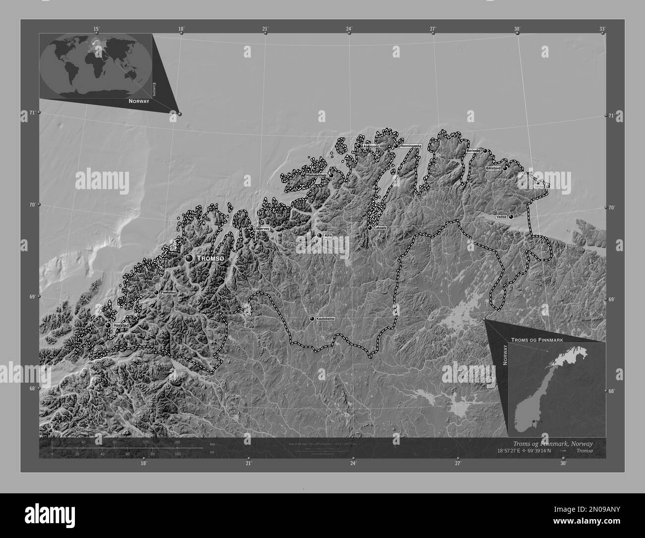 Troms og Finnmark, county of Norway. Bilevel elevation map with lakes ...