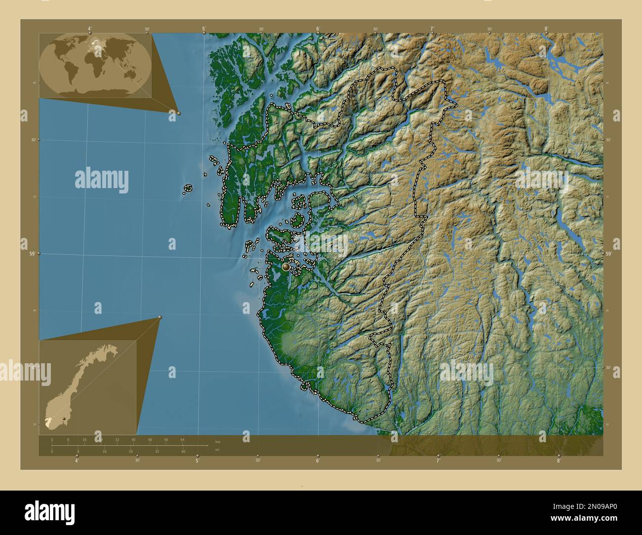 Rogaland, county of Norway. Colored elevation map with lakes and rivers ...