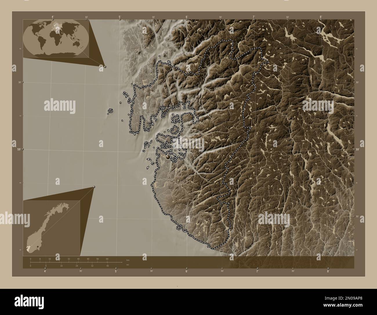 Rogaland, county of Norway. Elevation map colored in sepia tones with ...