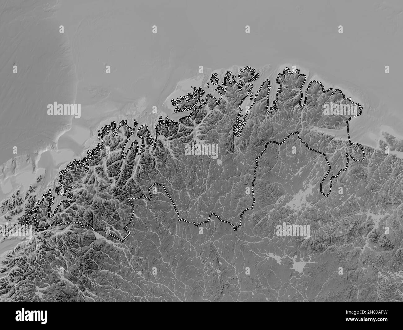 Troms og Finnmark, county of Norway. Grayscale elevation map with lakes ...