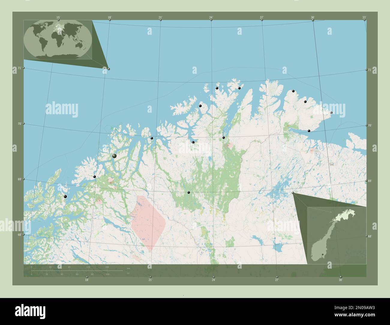 Troms og Finnmark, county of Norway. Open Street Map. Locations of ...