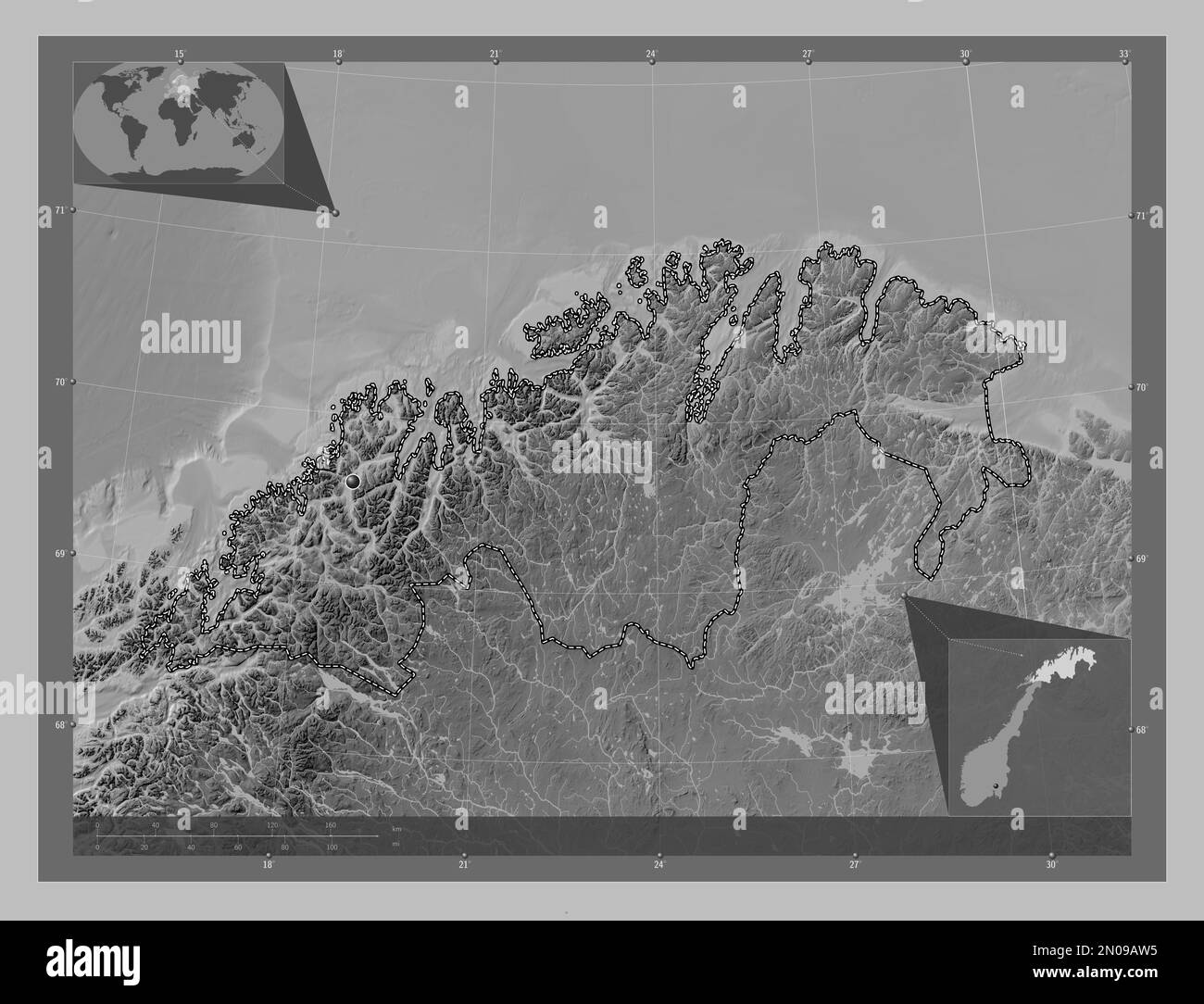 Troms og Finnmark, county of Norway. Grayscale elevation map with lakes ...