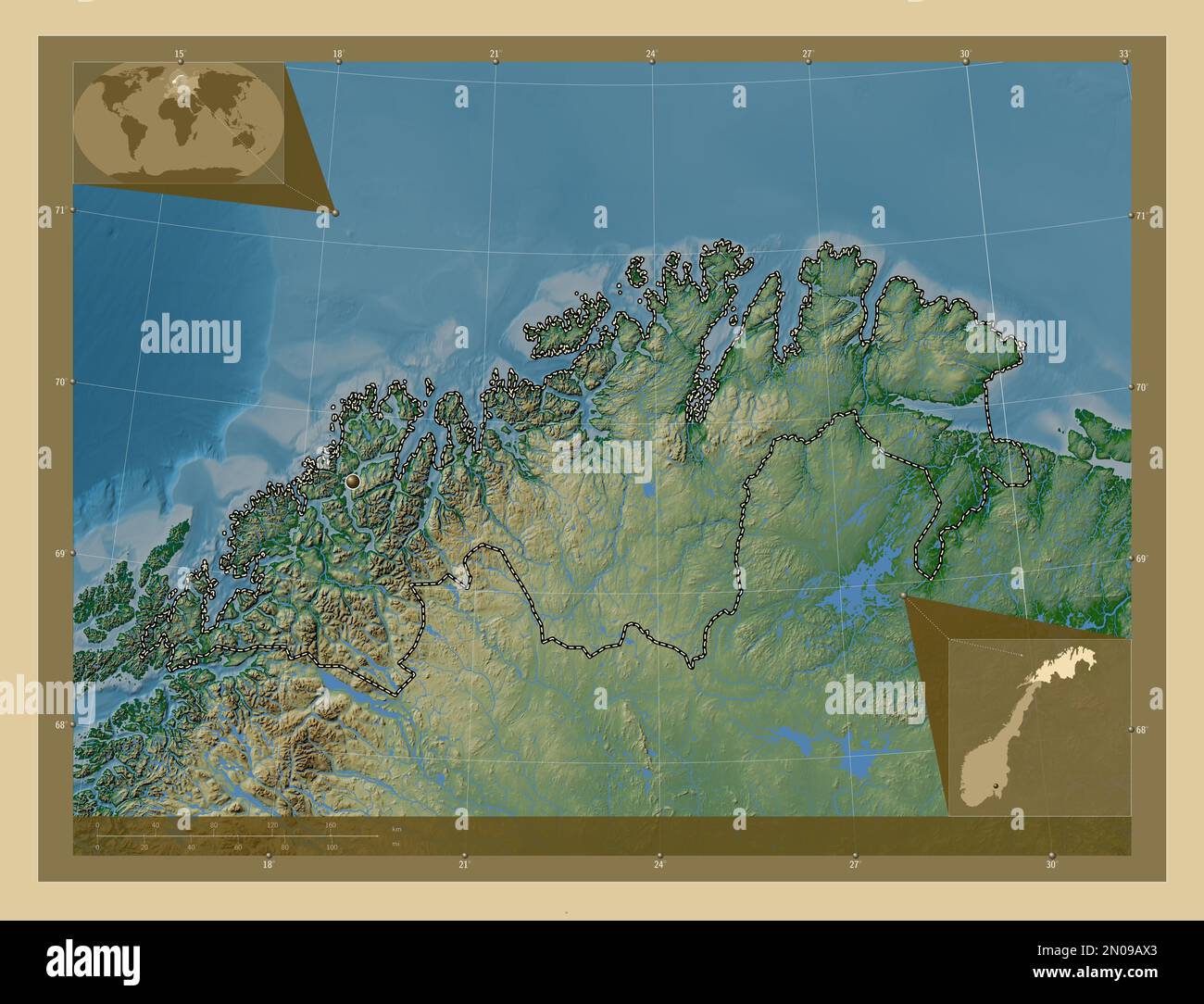 Troms og Finnmark, county of Norway. Colored elevation map with lakes and rivers. Corner ...
