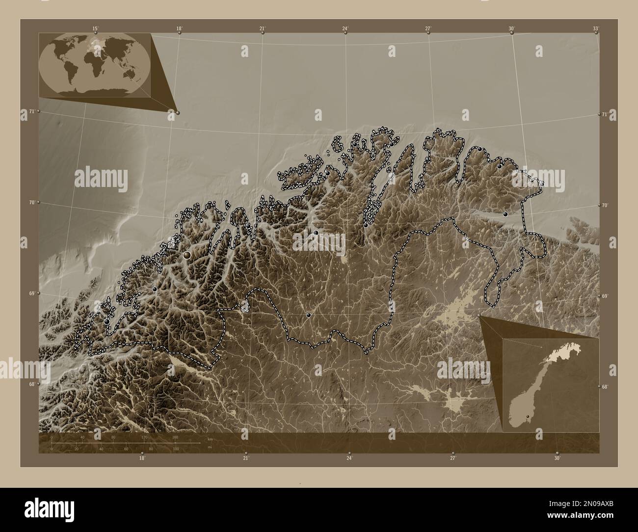 Troms og Finnmark, county of Norway. Elevation map colored in sepia ...