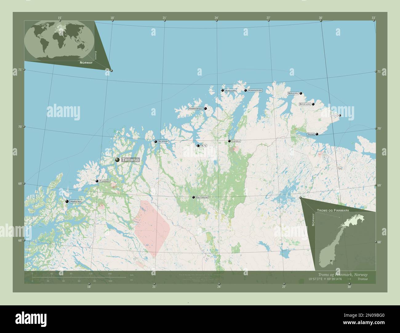 Troms og Finnmark, county of Norway. Open Street Map. Locations and names of major cities of the ...