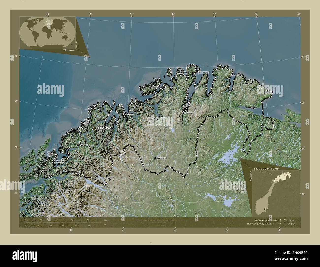 Troms og Finnmark, county of Norway. Elevation map colored in wiki ...