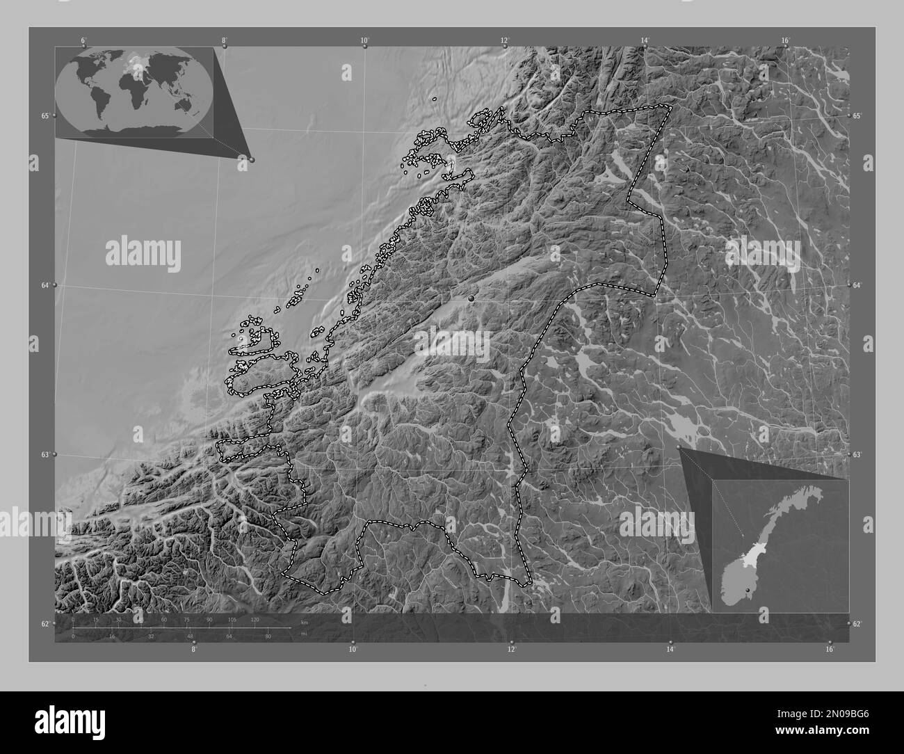 Trndelag, county of Norway. Grayscale elevation map with lakes and rivers. Corner auxiliary ...