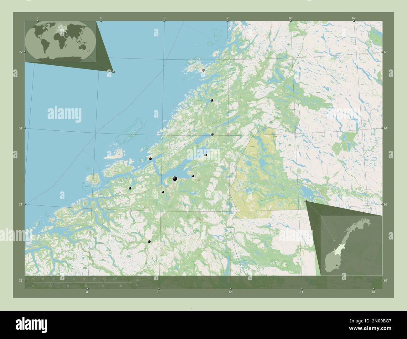 Trndelag, county of Norway. Open Street Map. Locations of major cities ...