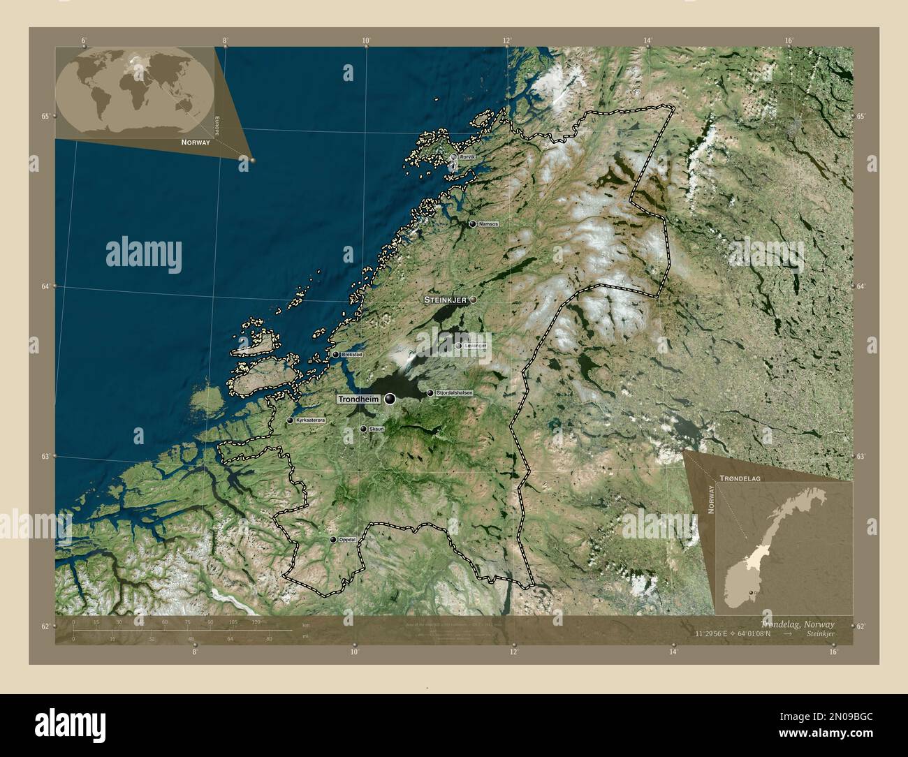 Trndelag, county of Norway. High resolution satellite map. Locations ...