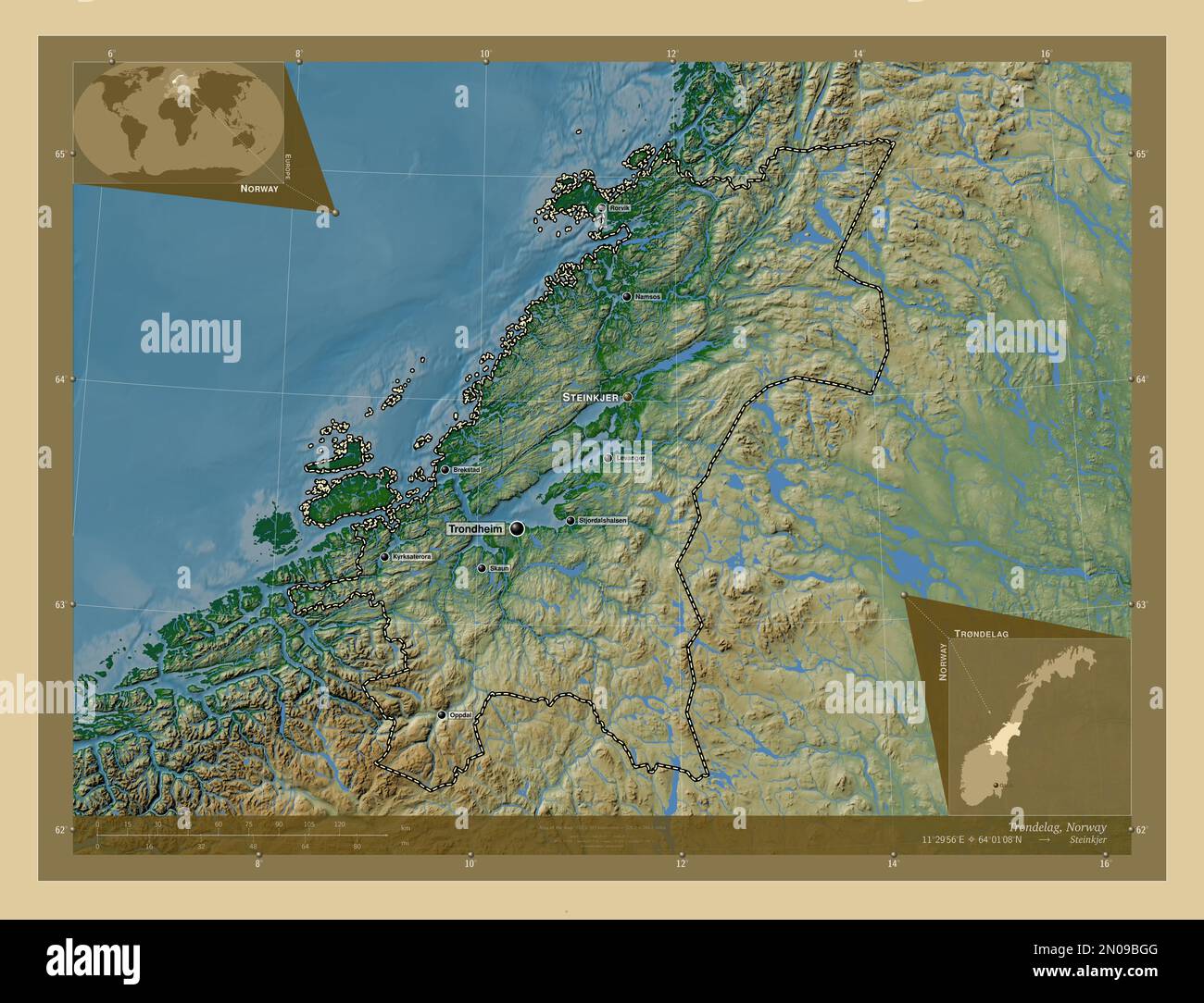 Trndelag, county of Norway. Colored elevation map with lakes and rivers ...