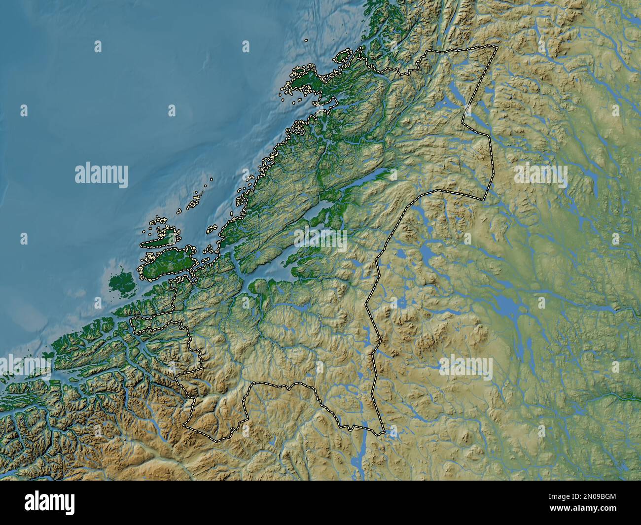 Trndelag, county of Norway. Colored elevation map with lakes and rivers ...