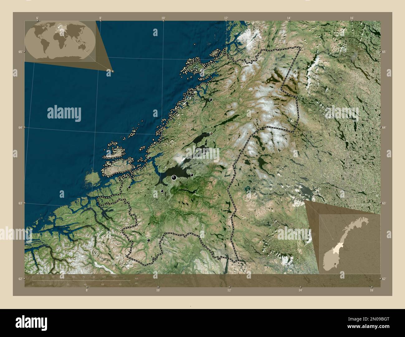 Trndelag, county of Norway. High resolution satellite map. Locations of ...