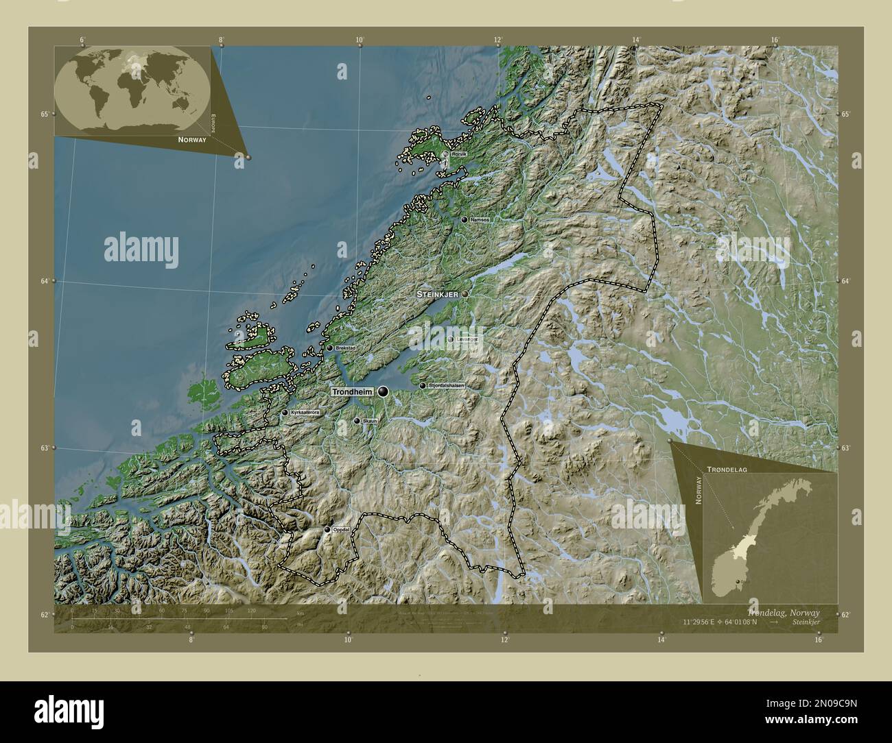 Trndelag, county of Norway. Elevation map colored in wiki style with ...