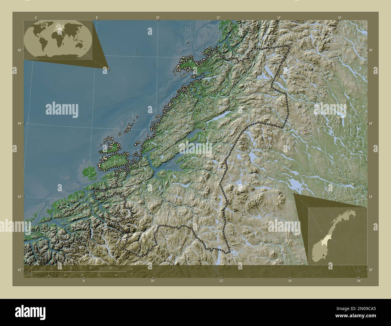 Trndelag, county of Norway. Elevation map colored in wiki style with lakes and rivers. Corner ...