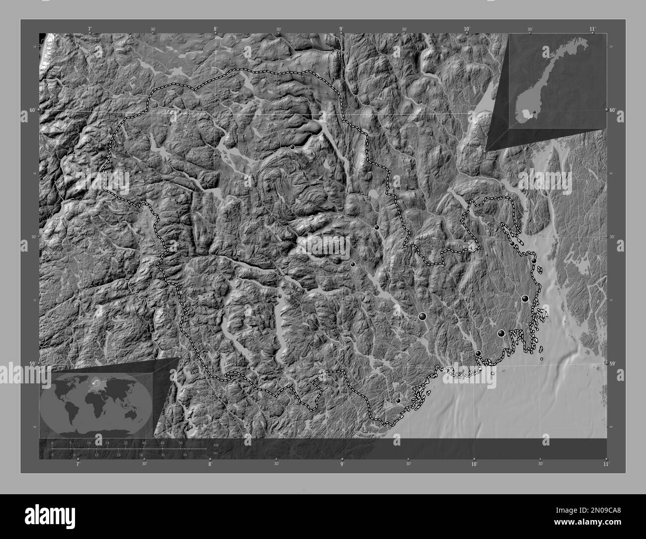 Vestfold og Telemark, county of Norway. Bilevel elevation map with ...